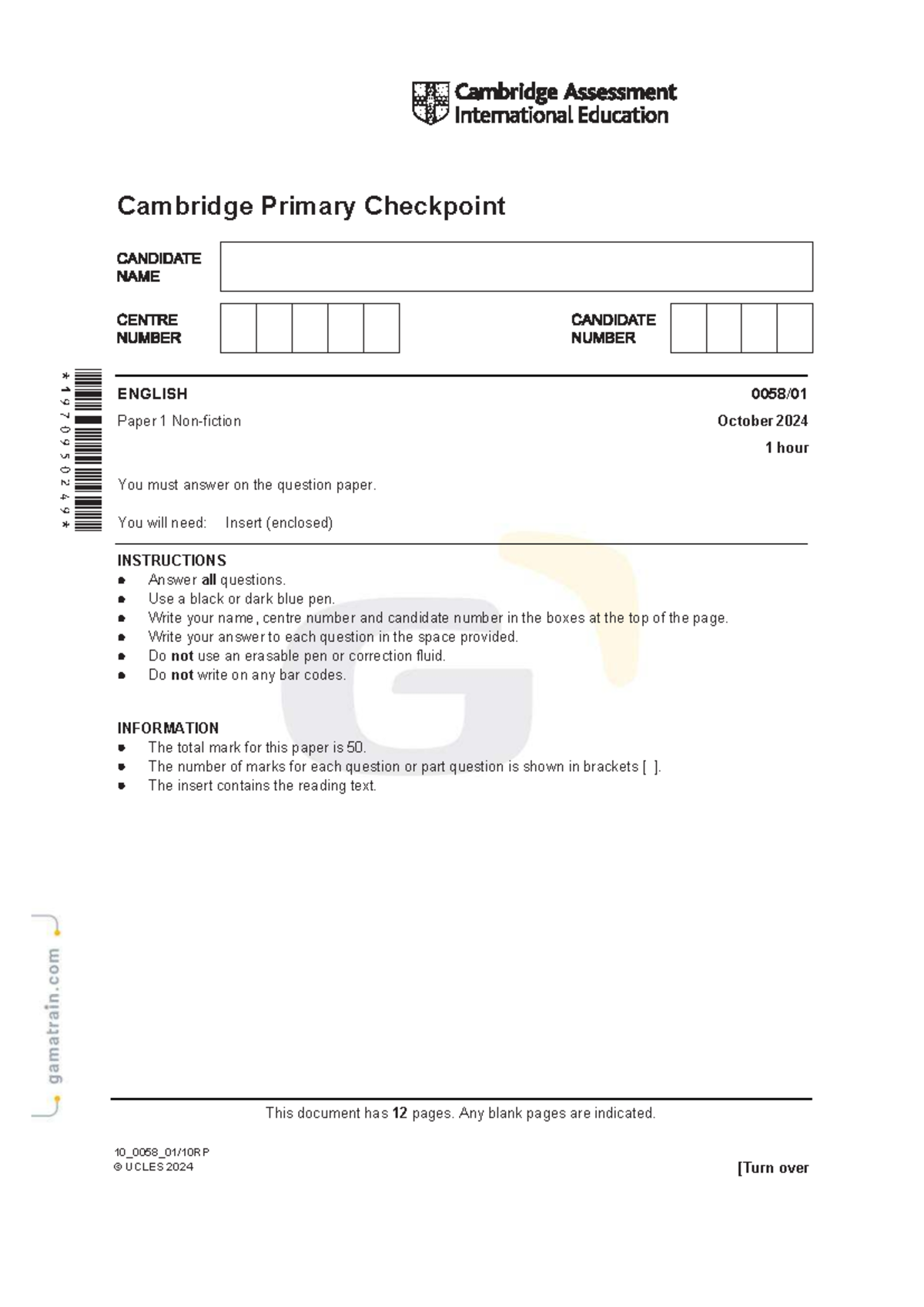 Cambridge Primary Checkpoint ENGLISH Paper 1 - Oct 2024 Exam Guide ...