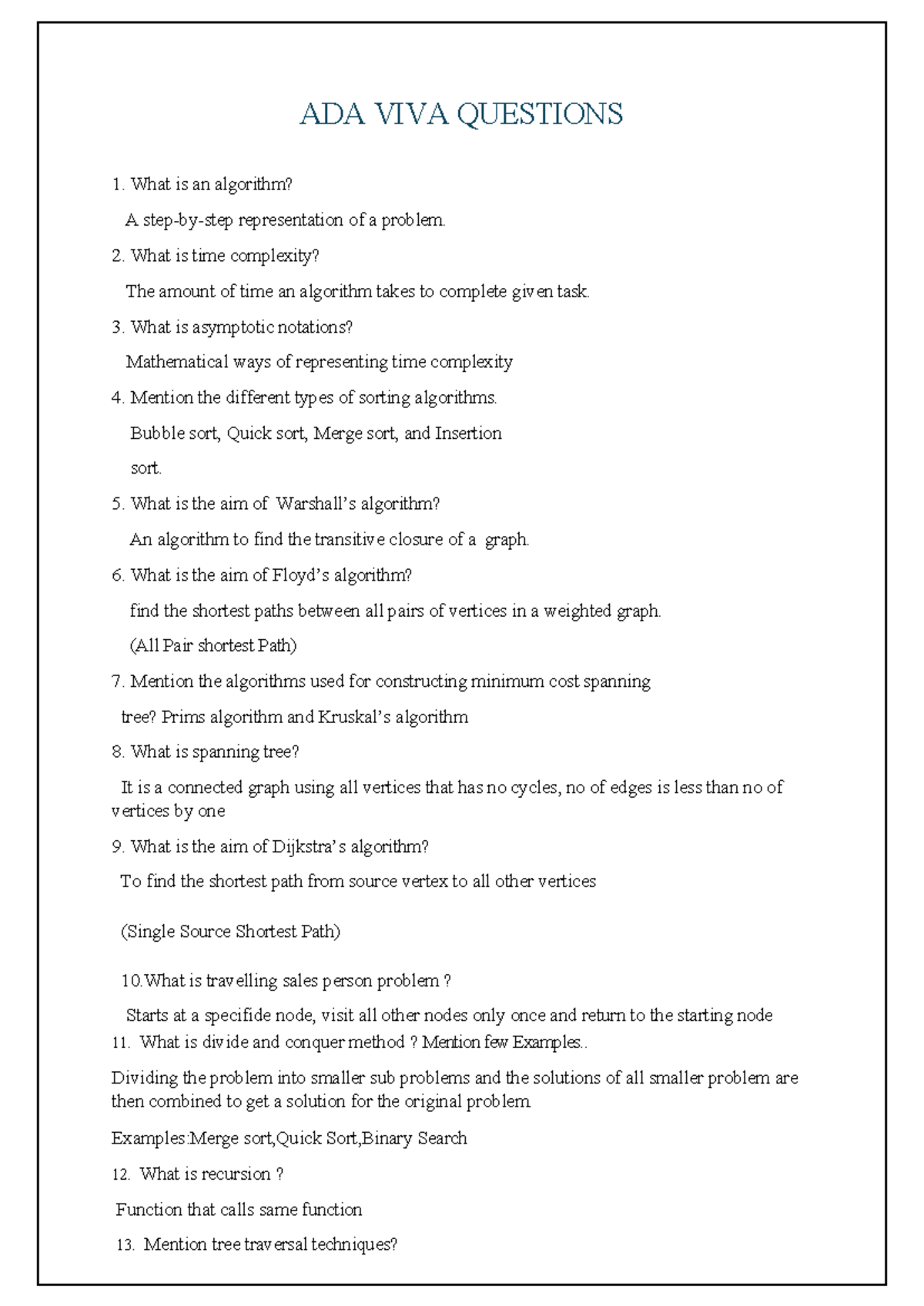 ADA VIVA Questions - Key Concepts and Algorithms Explained - Studocu