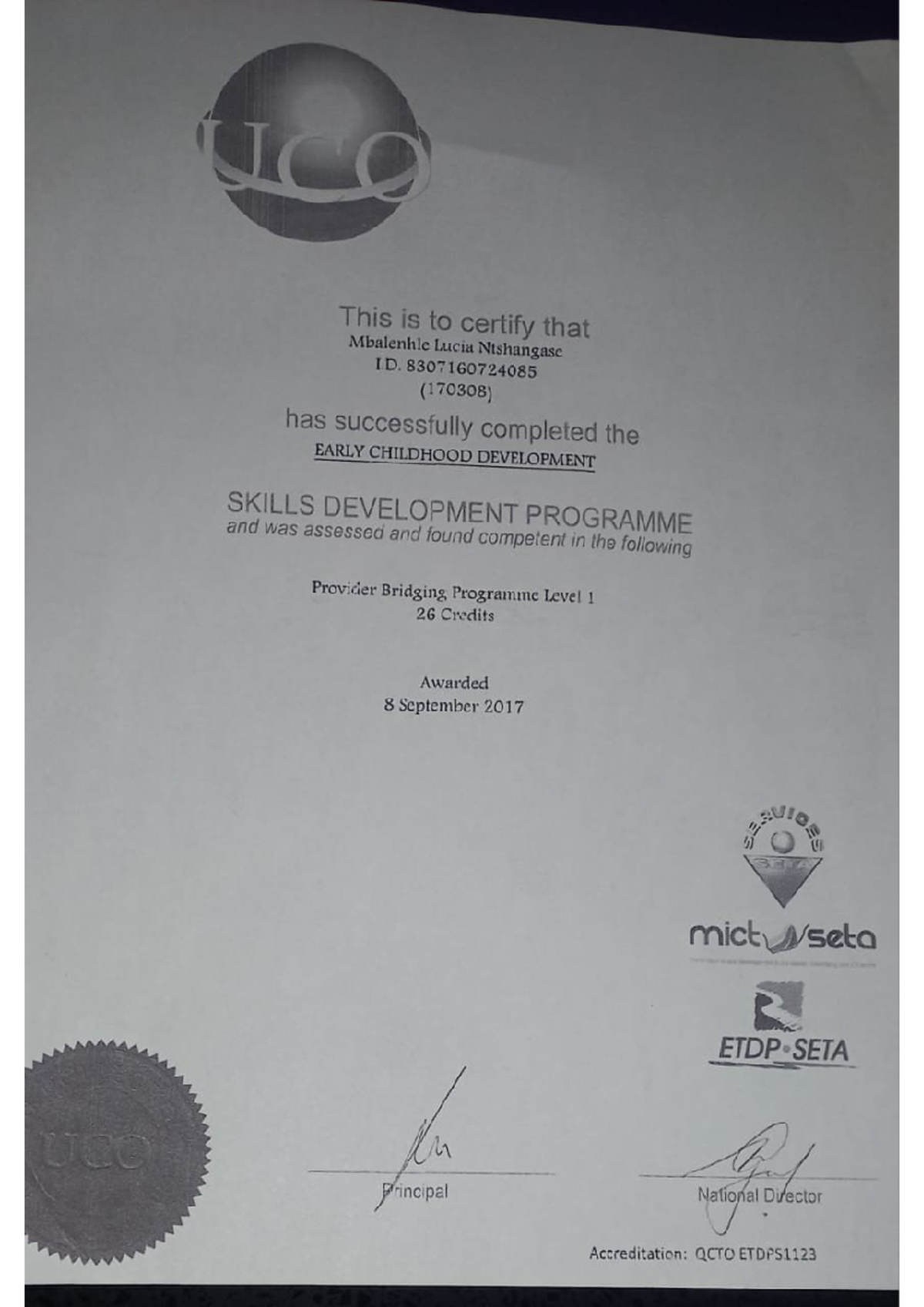 UCO Certification of Completion: Early Childhood Development Skills ...