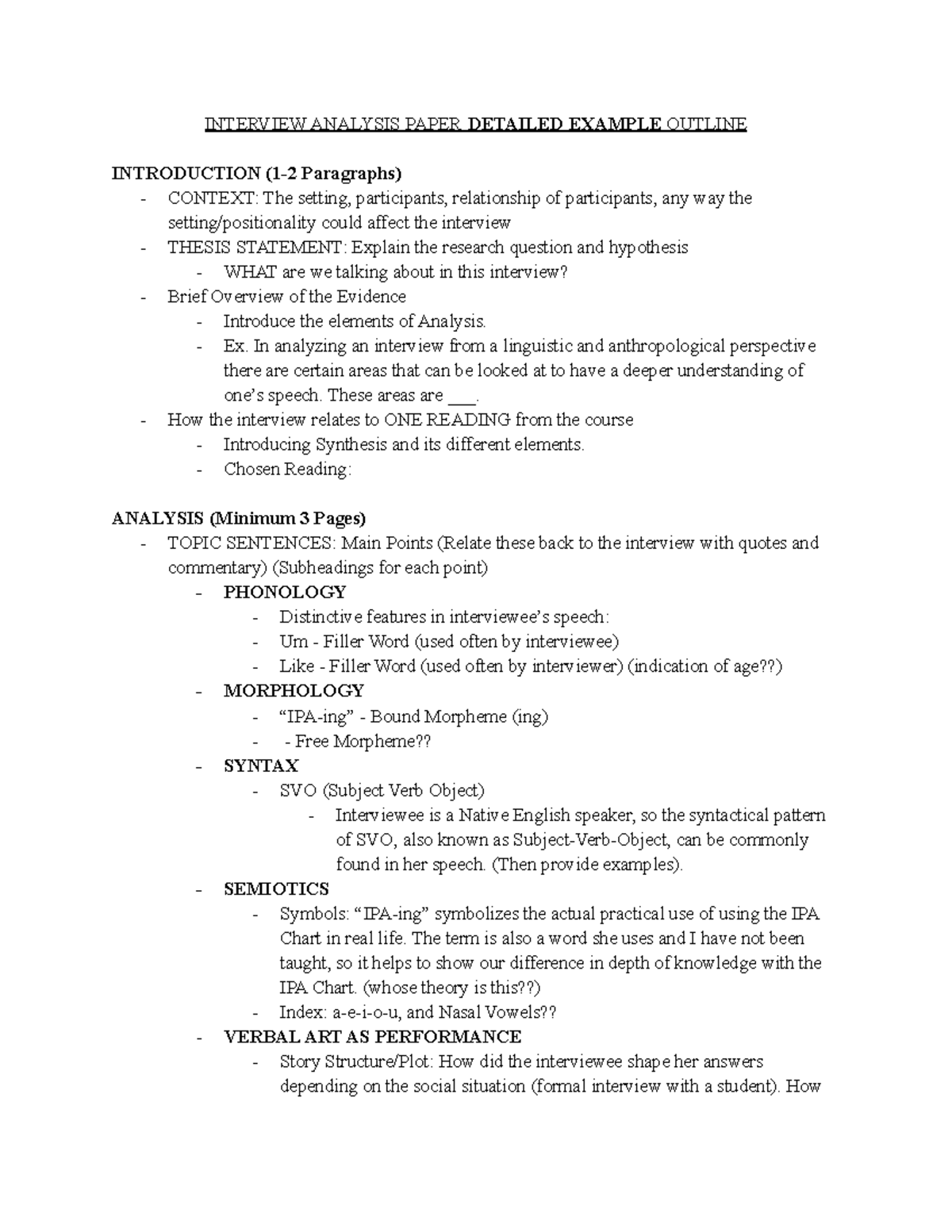 Interview Analysis Paper Detailed Example Outline - INTERVIEW ANALYSIS ...