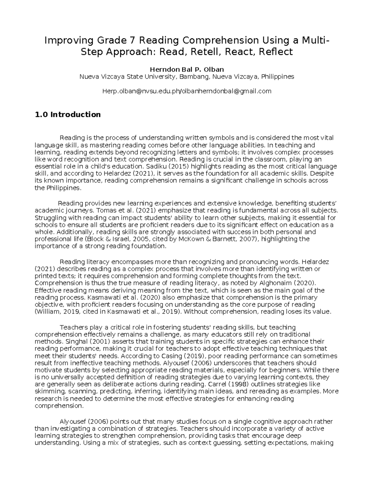 Improving Grade 7 Reading Comprehension: The 4R Approach Study - Studocu