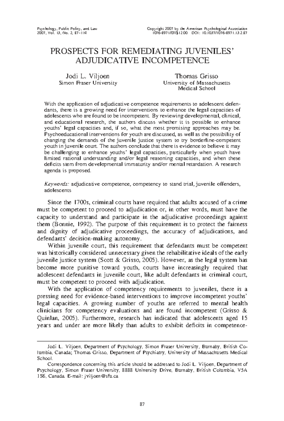 Remediating Juveniles' Adjudicative Incompetence: Prospects ...