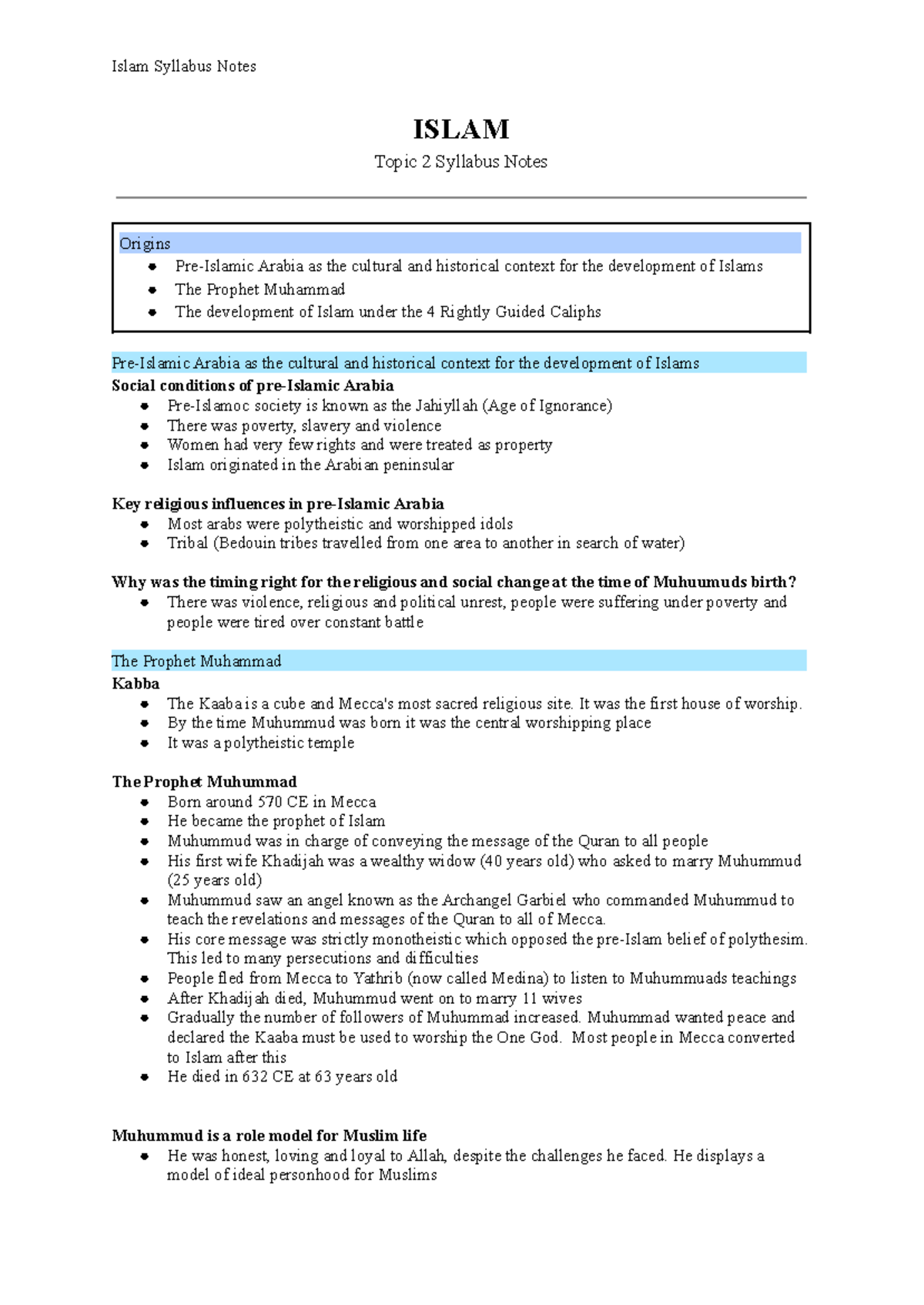 Islam Syllabus Notes - ISLAM Topic 2 Syllabus Notes - Studocu