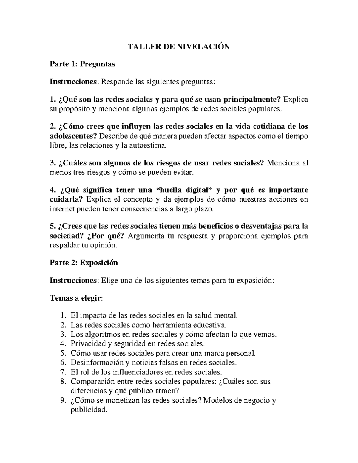 TALLER DE NIVELACIÓN: Redes Sociales y su Impacto en la Sociedad - Studocu
