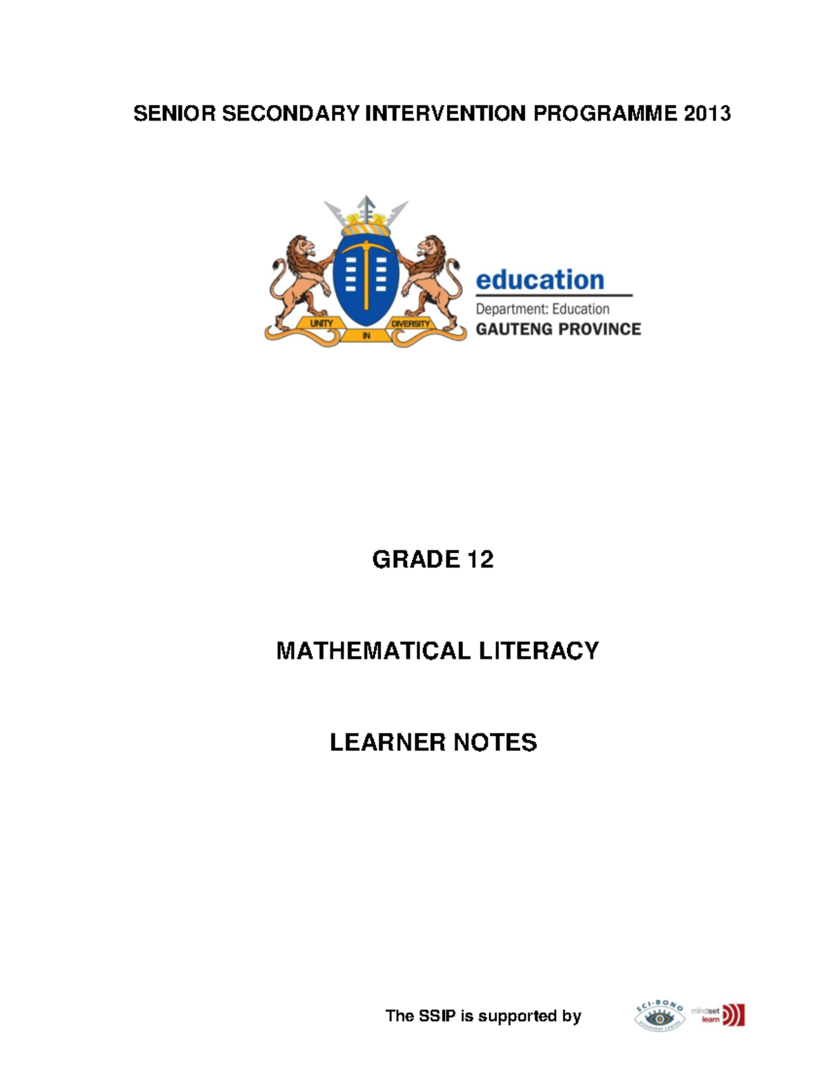 Mathematical Literacy Grade 12 Learner Notes: Sessions 1 & 2 (2013 ...