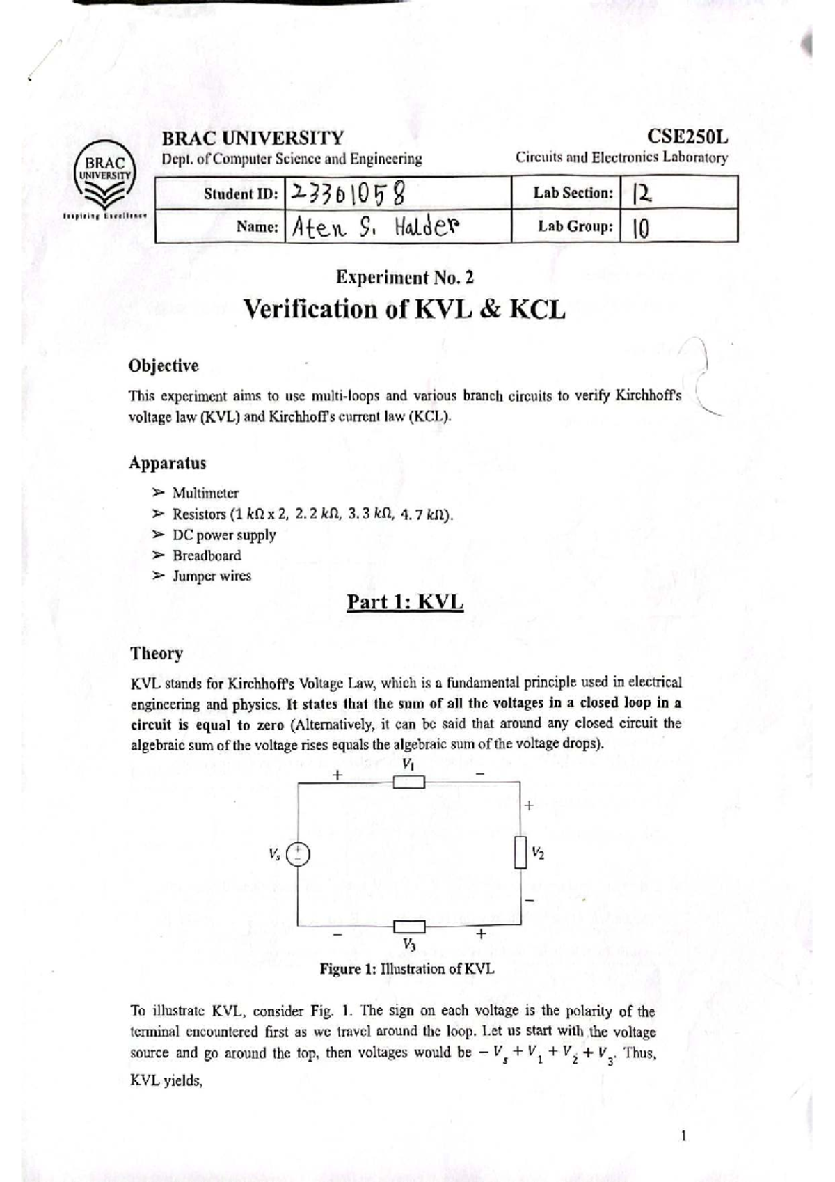 CSE250L Lab Experiment 2: Verification of KVL and KCL - Studocu