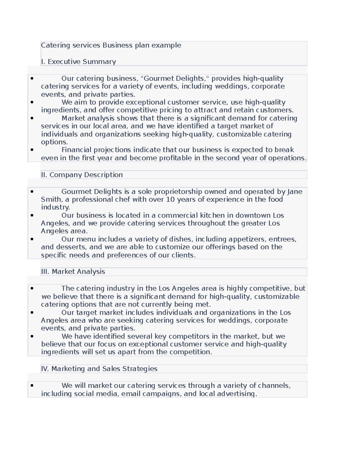 Catering Services Business Plan Example for Gourmet Delights - Studocu