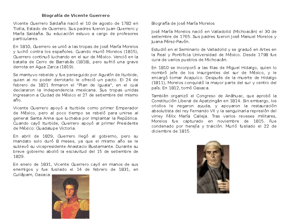 Biografía de Vicente Guerrero: Vida y Logros Históricos - Studocu