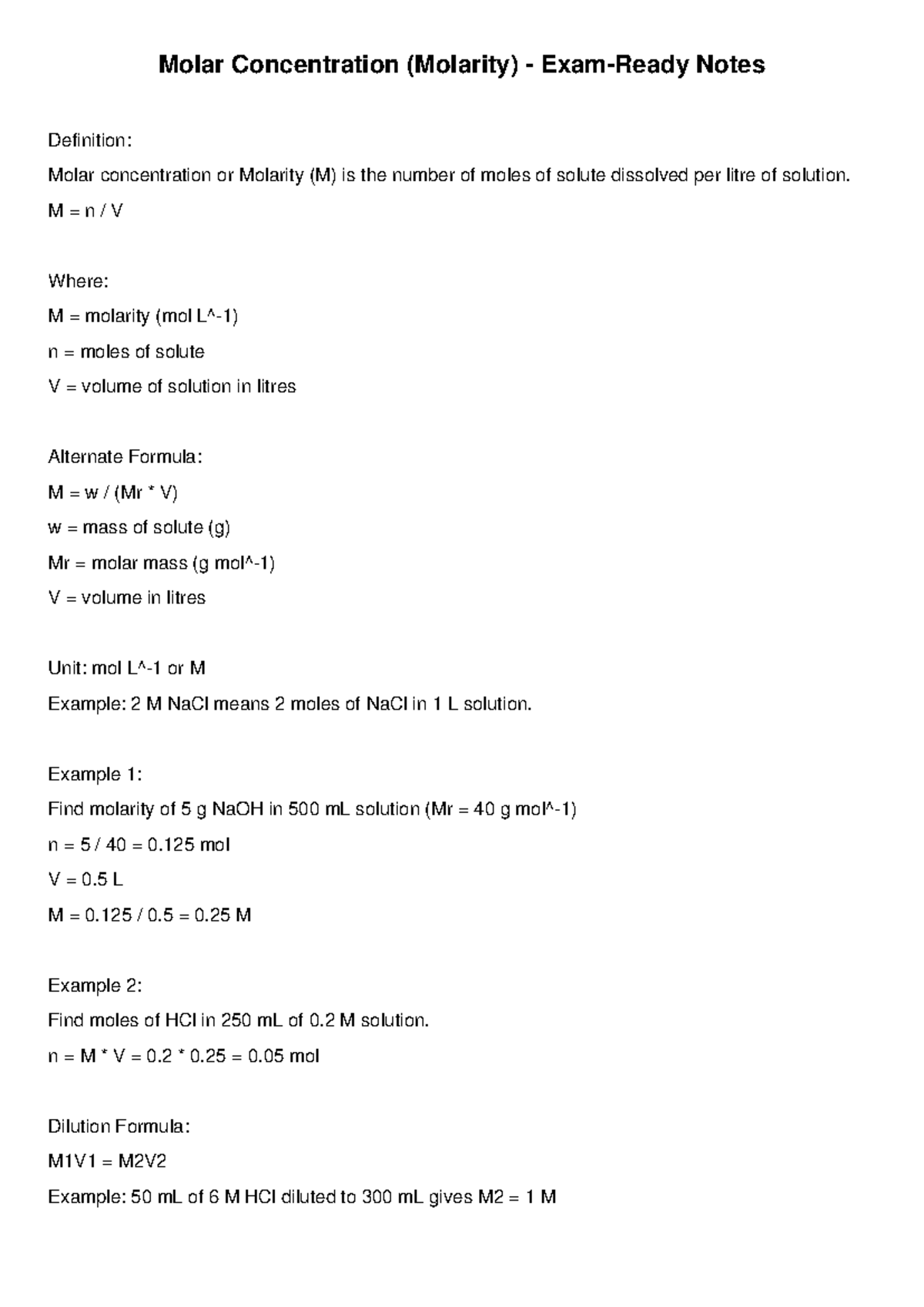 Molar Concentration (Molarity) Notes for Chemistry 101 - Studocu