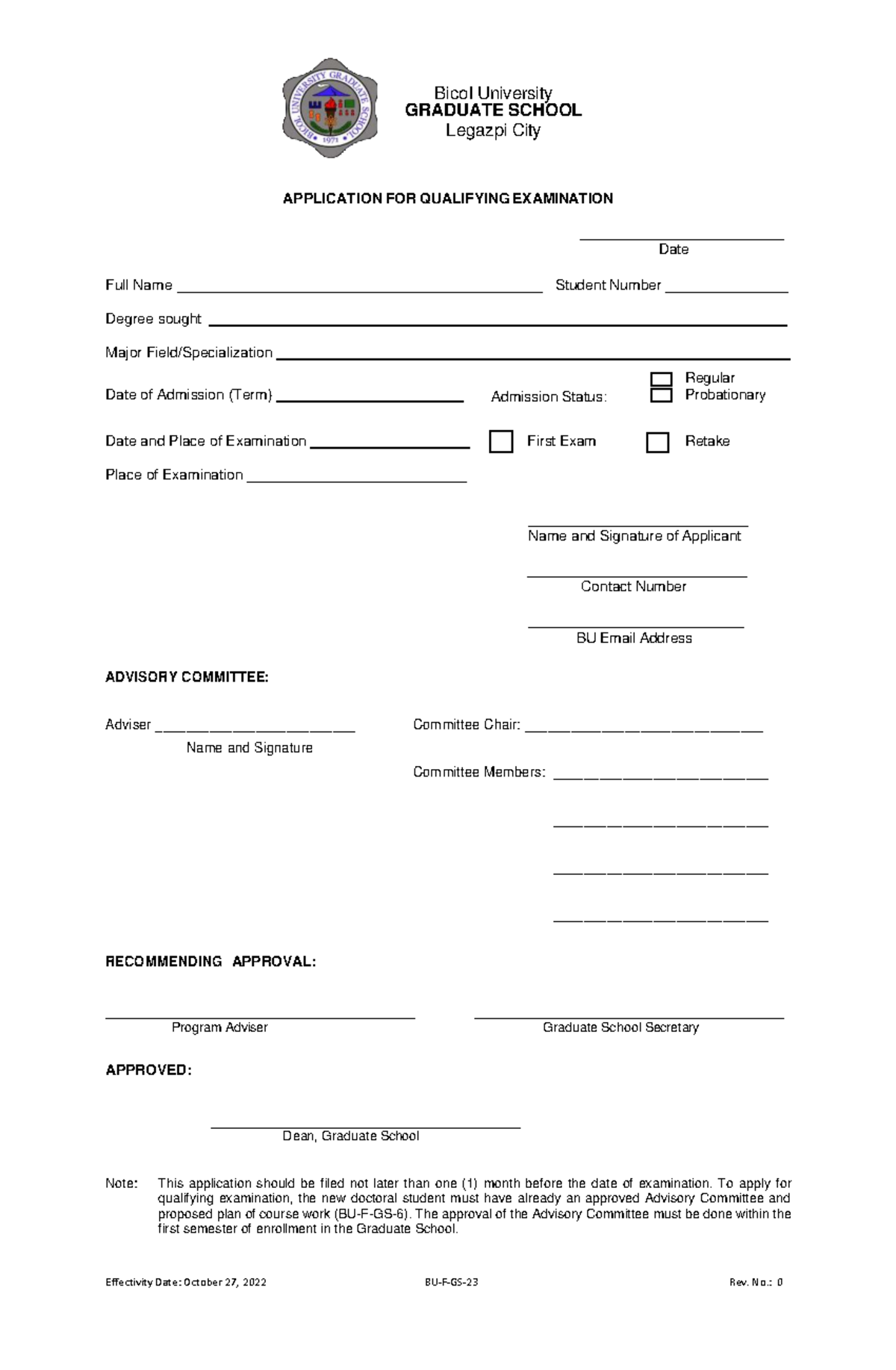 BU-F-GS23 Application for Qualifying Examination Form - Studocu