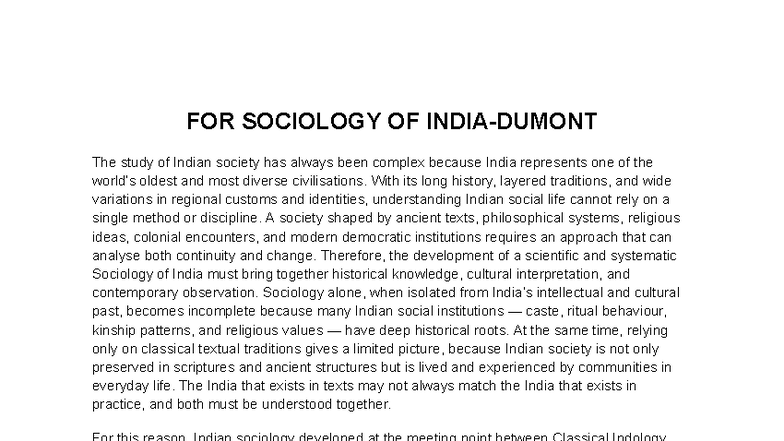 Sociology of India: Integrating Indology and Modern Analysis - Studocu