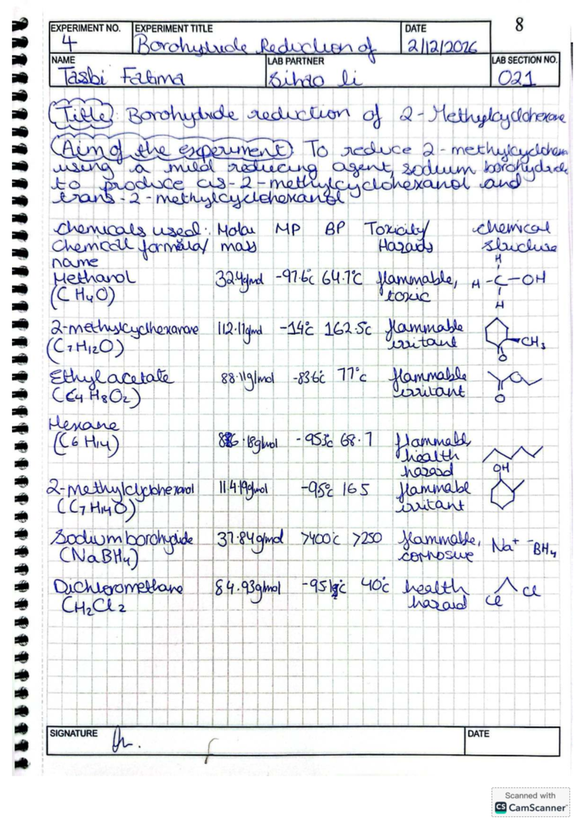 Pre-Lab Report: Borohydride Reduction of 2-Methylcyclohexanone (Exp 8 ...