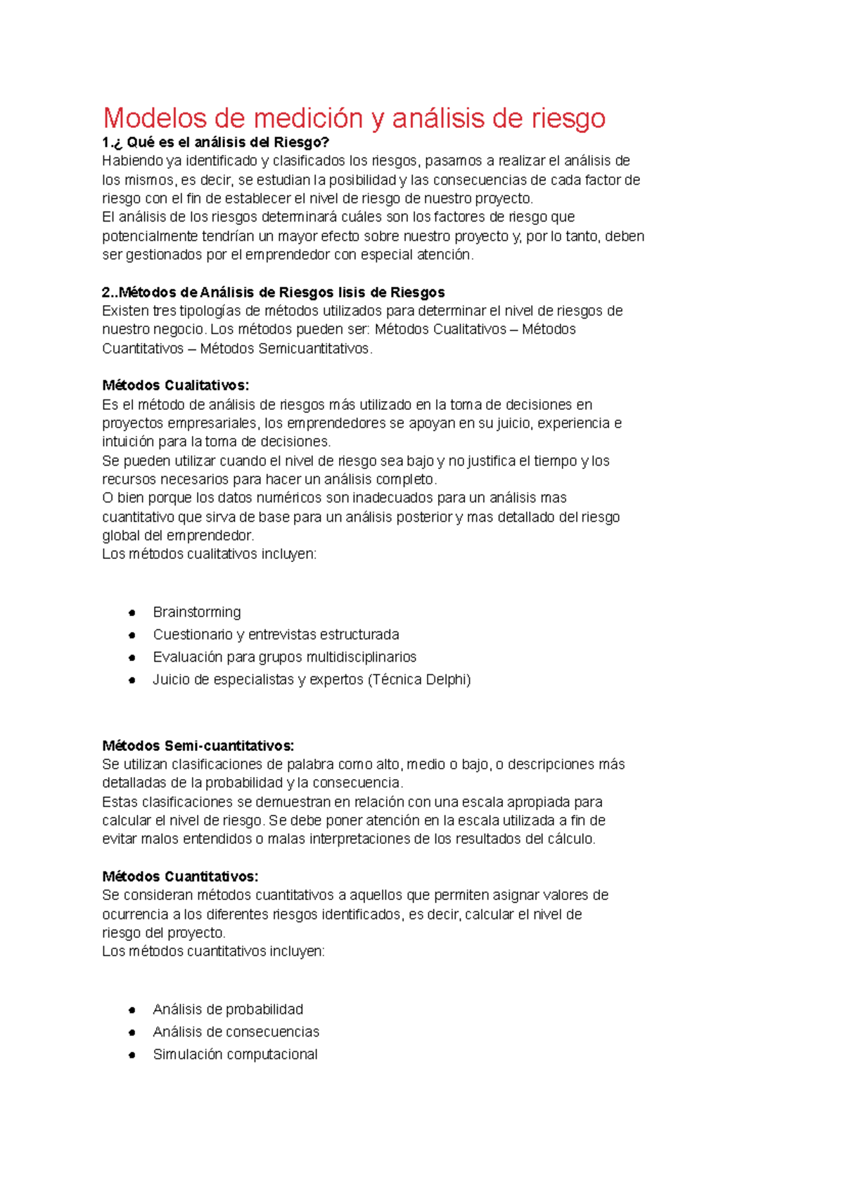 2.2 Análisis y Modelos de Medición de Riesgos en Proyectos - Studocu