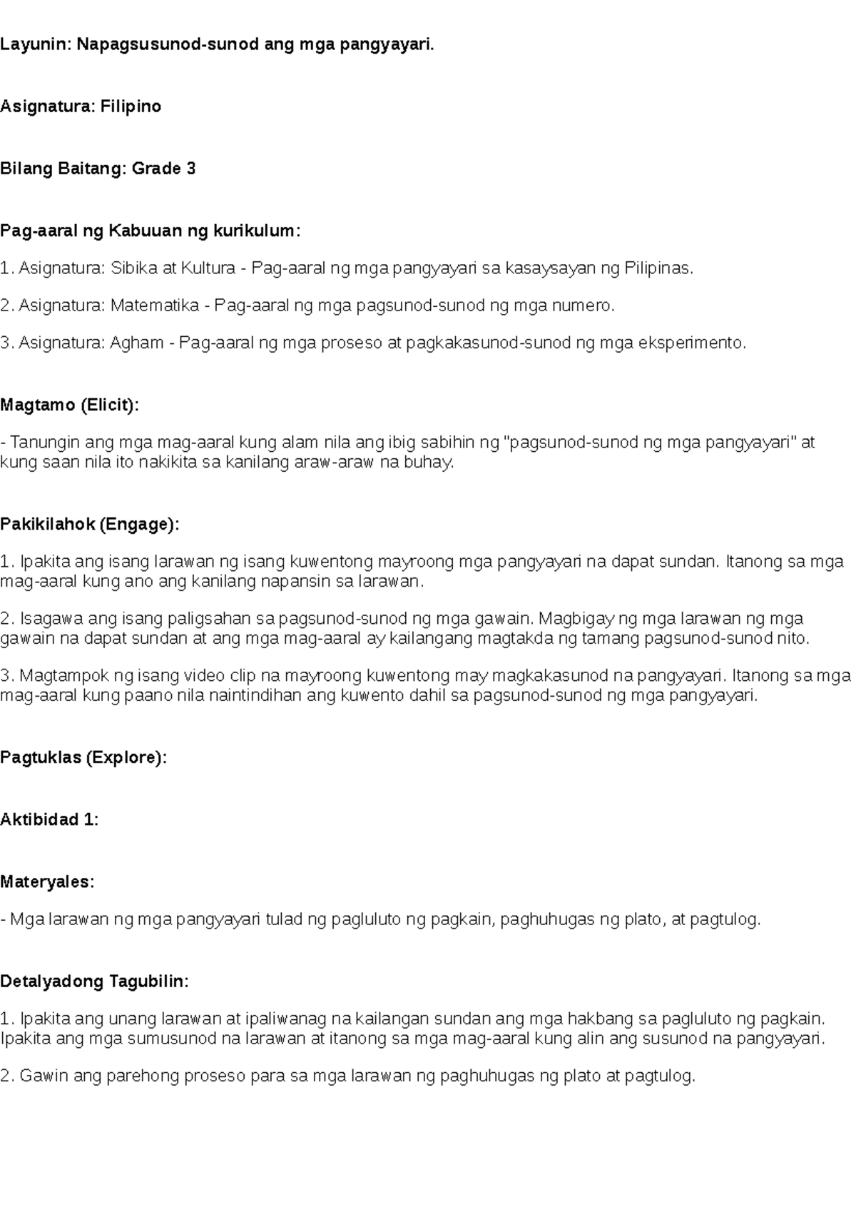 Filipino Lesson Plan: Pagsunod-sunod ng mga Pangyayari para sa G3 - Studocu