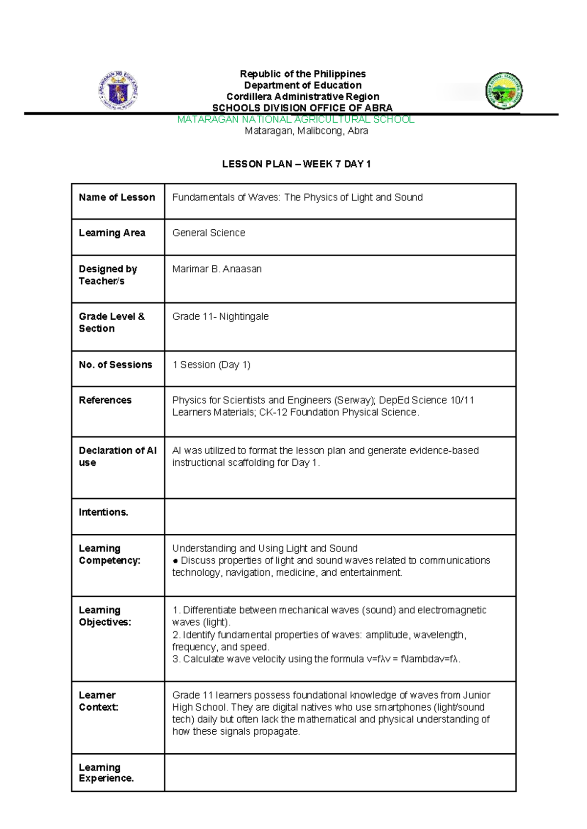 General Science 11: Lesson Plans for Week 7 on Waves and Technology ...