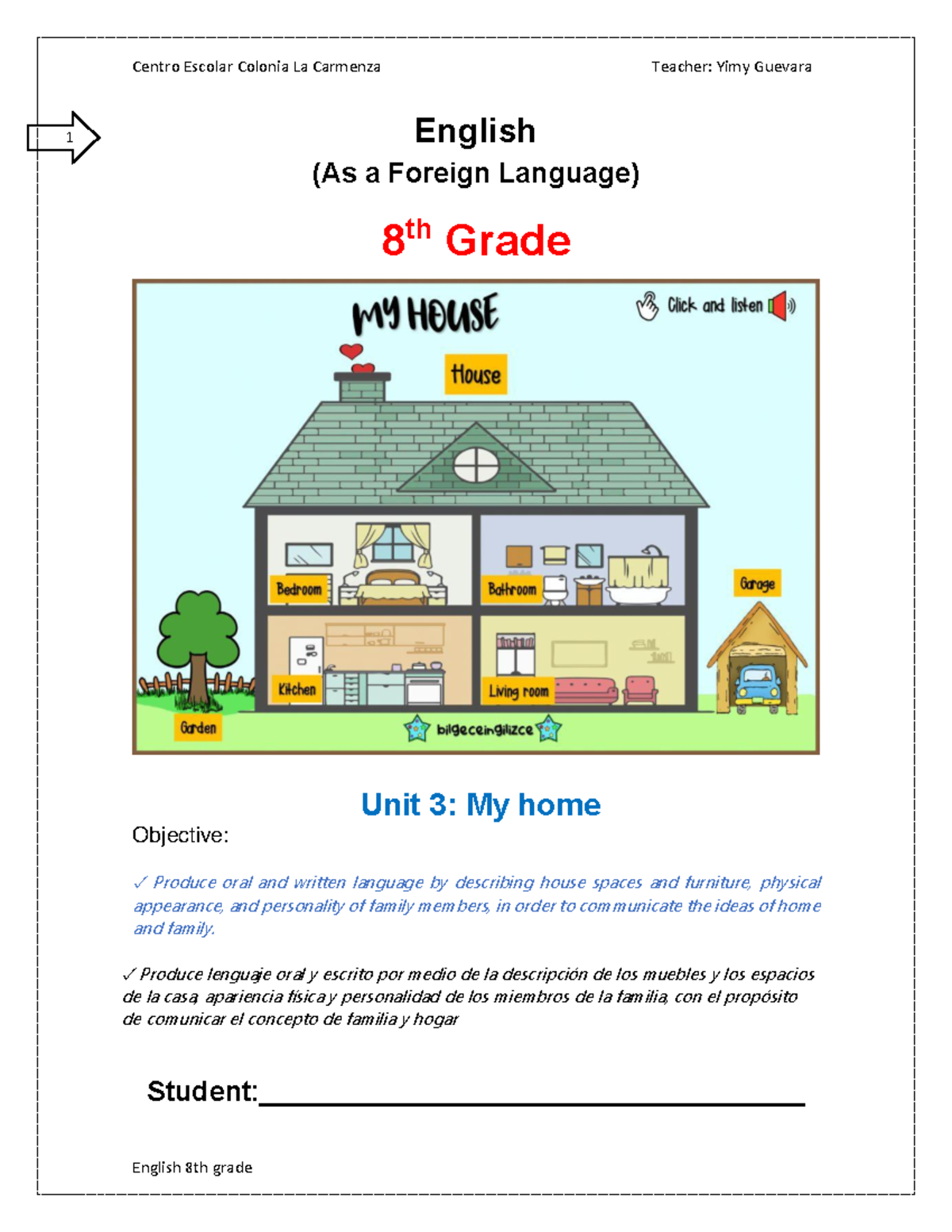 Unit 3- My home - unit - 1 English (As a Foreign Language) 8 th Grade ...