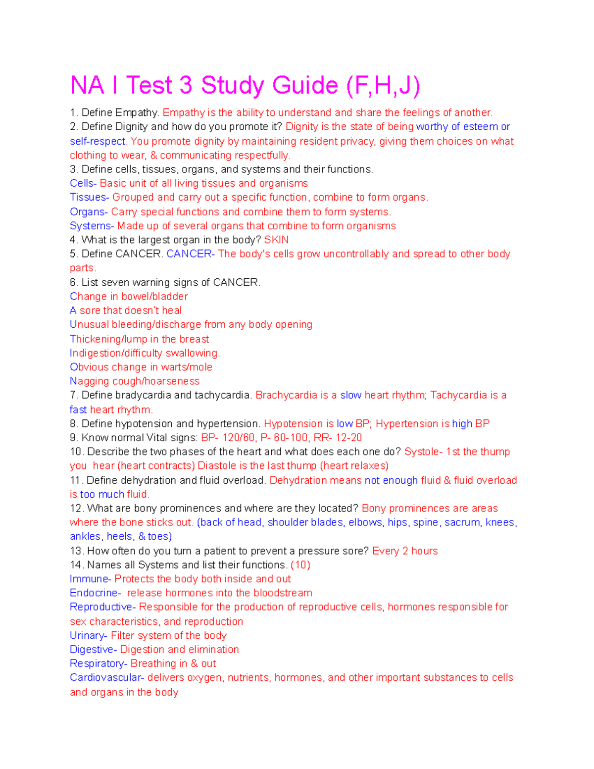NA I Test 3 Study Guide (F, H, J): Key Concepts and Health Systems ...