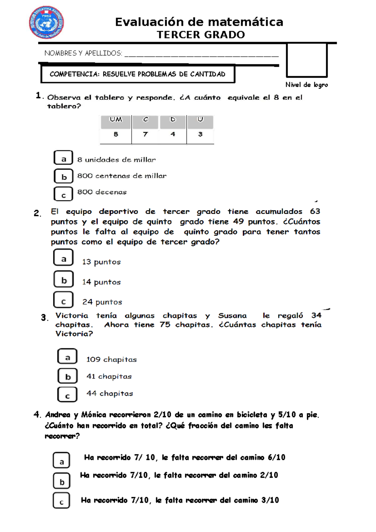 Evaluación de Matemáticas 3ER Grado: Problemas de Cantidad y Secuencias ...