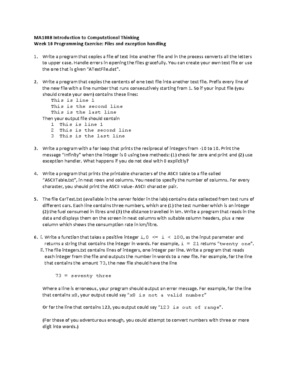 Tut 10 qns - Tut 10 - MA1008 Introduction to Computational Thinking Week 10 Programming Exercise ...