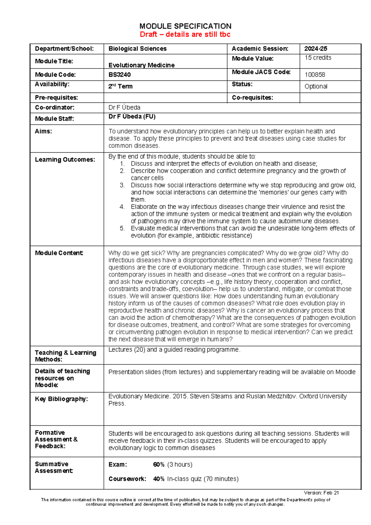 BS3240 Evolutionary Medicine Module Specification 2024-25 Draft - Studocu