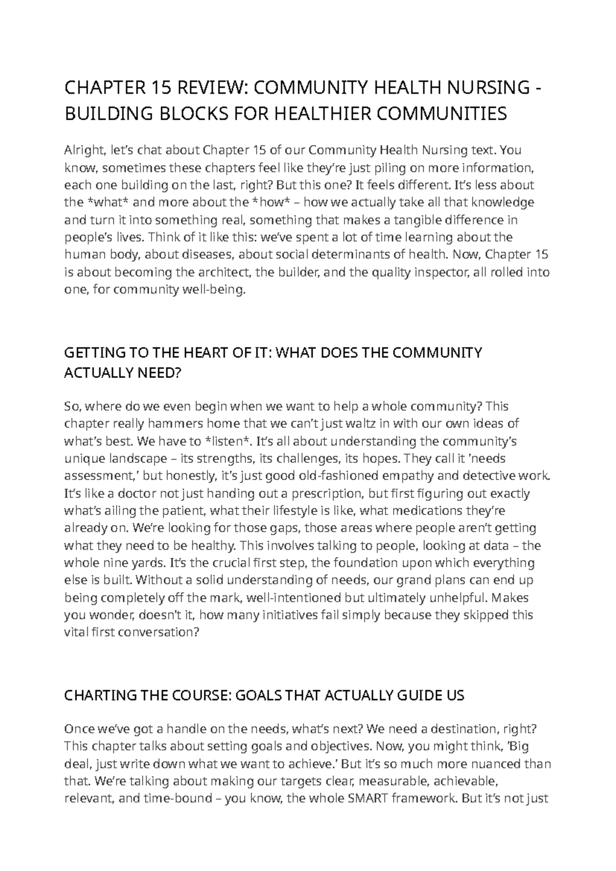 COMMUNITY HEALTH NURSING CHAPTER 15 REVIEW: BUILDING HEALTHIER COMMUNITIES - Studocu