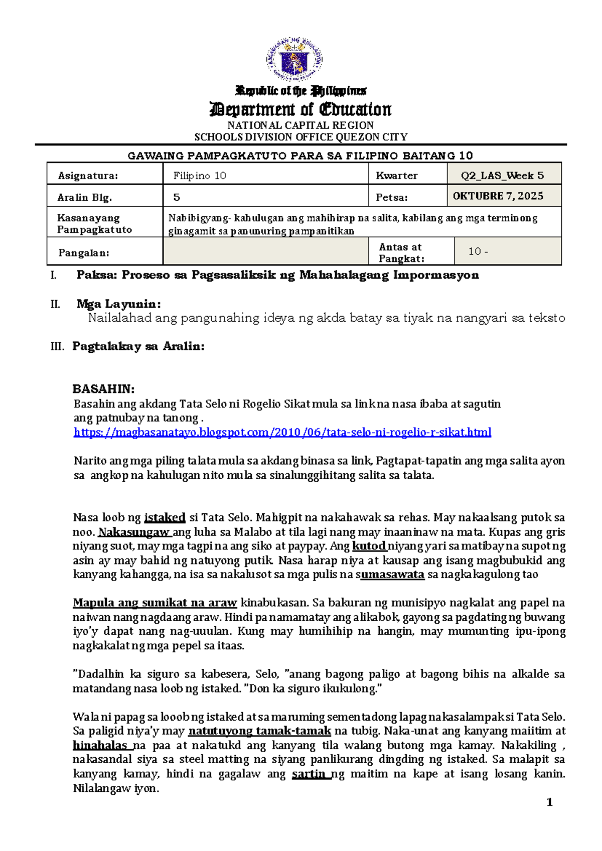 Filipino 10 Q2 LAS Week 5: Proseso ng Pagsasaliksik at Pagsusuri - Studocu