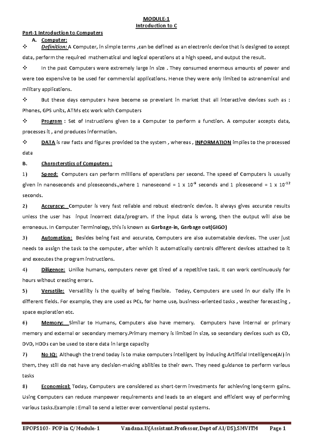 Module-1 Full Notes on Introduction to Computers - Reema Thareja - Studocu