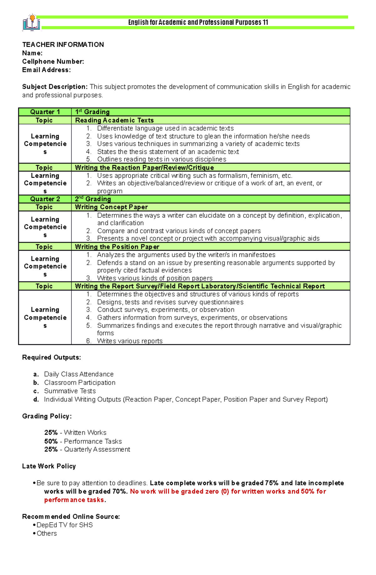 EAPP 11 Syllabus: Communication Skills for Academic & Professional Purposes - Studocu