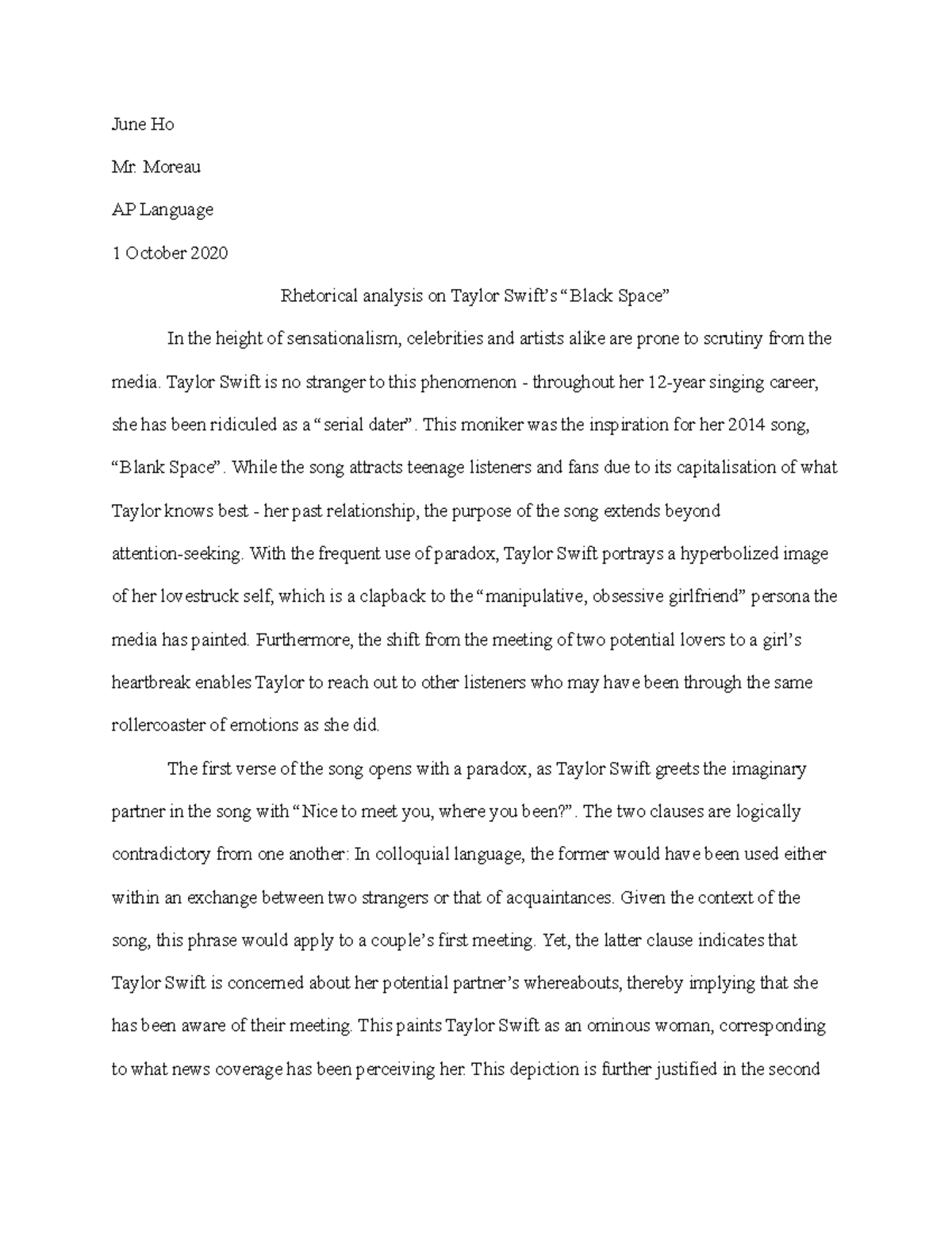 AP Language Rhetorical Analysis of Taylor Swift's "Blank Space" - Studocu