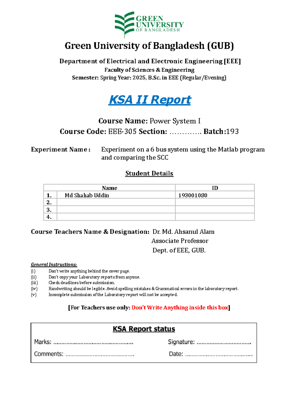 Power System I Experiment Report (KSA II) - GUB Spring 2025 - Studocu