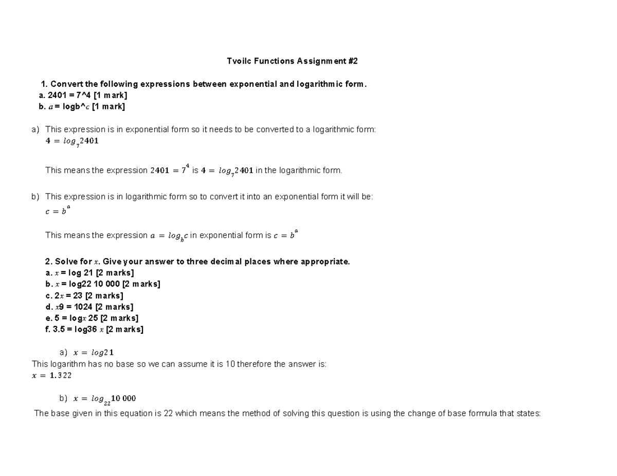 Tvo ILc Functions Assignment 1: Exponential and Logarithmic Conversions ...