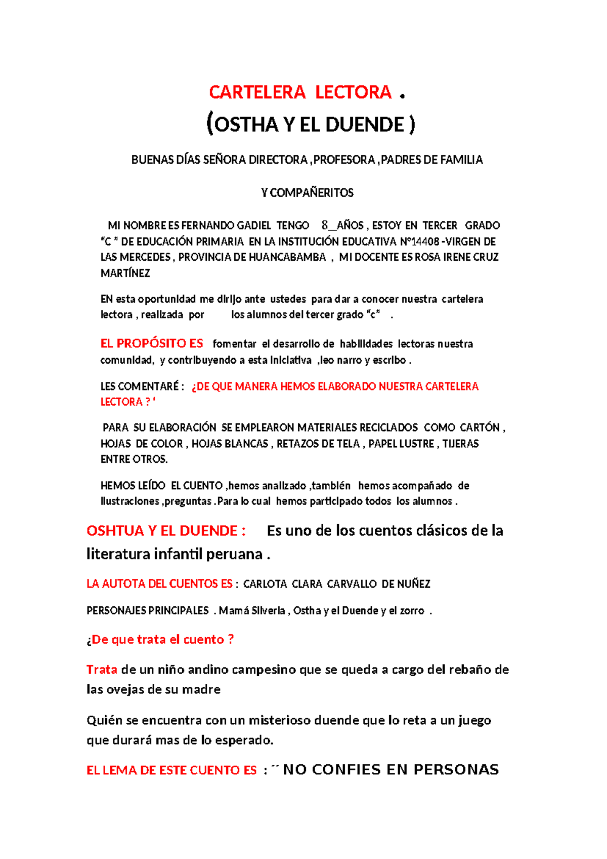 Cartelera Lectora: La Historia de Ostha y el Duende en 3er Grado C ...