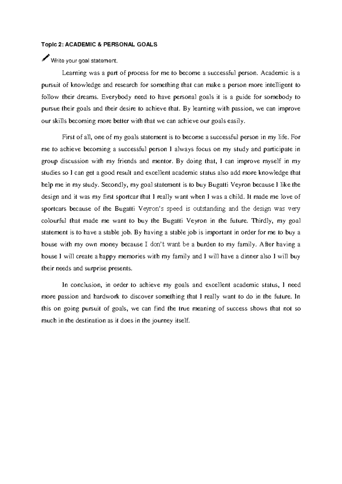 Topic 2: Academic Personal Goals and Success Strategies - Studocu