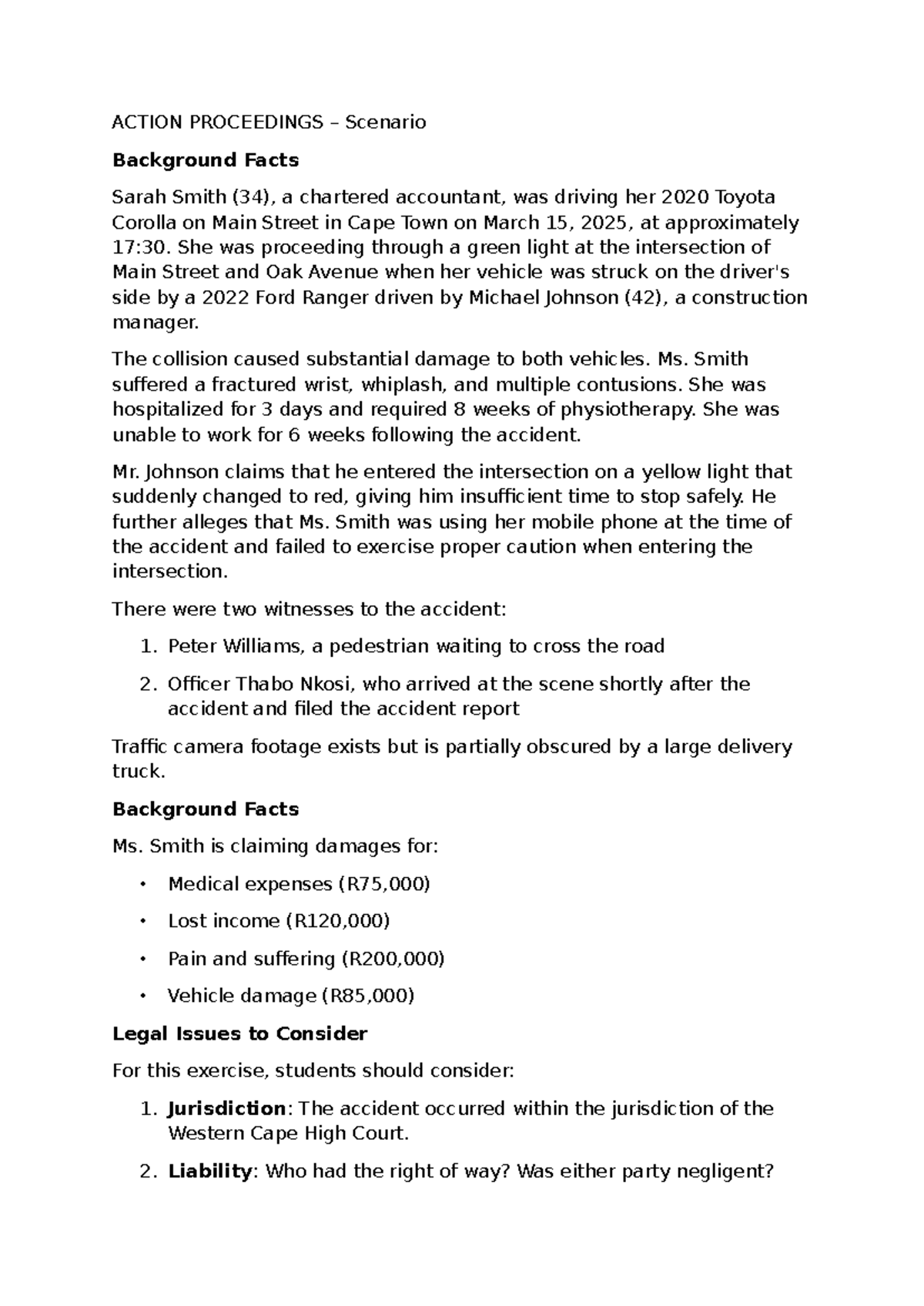 Action Proceedings – Scenario: Smith v. Johnson Case Study - Studocu