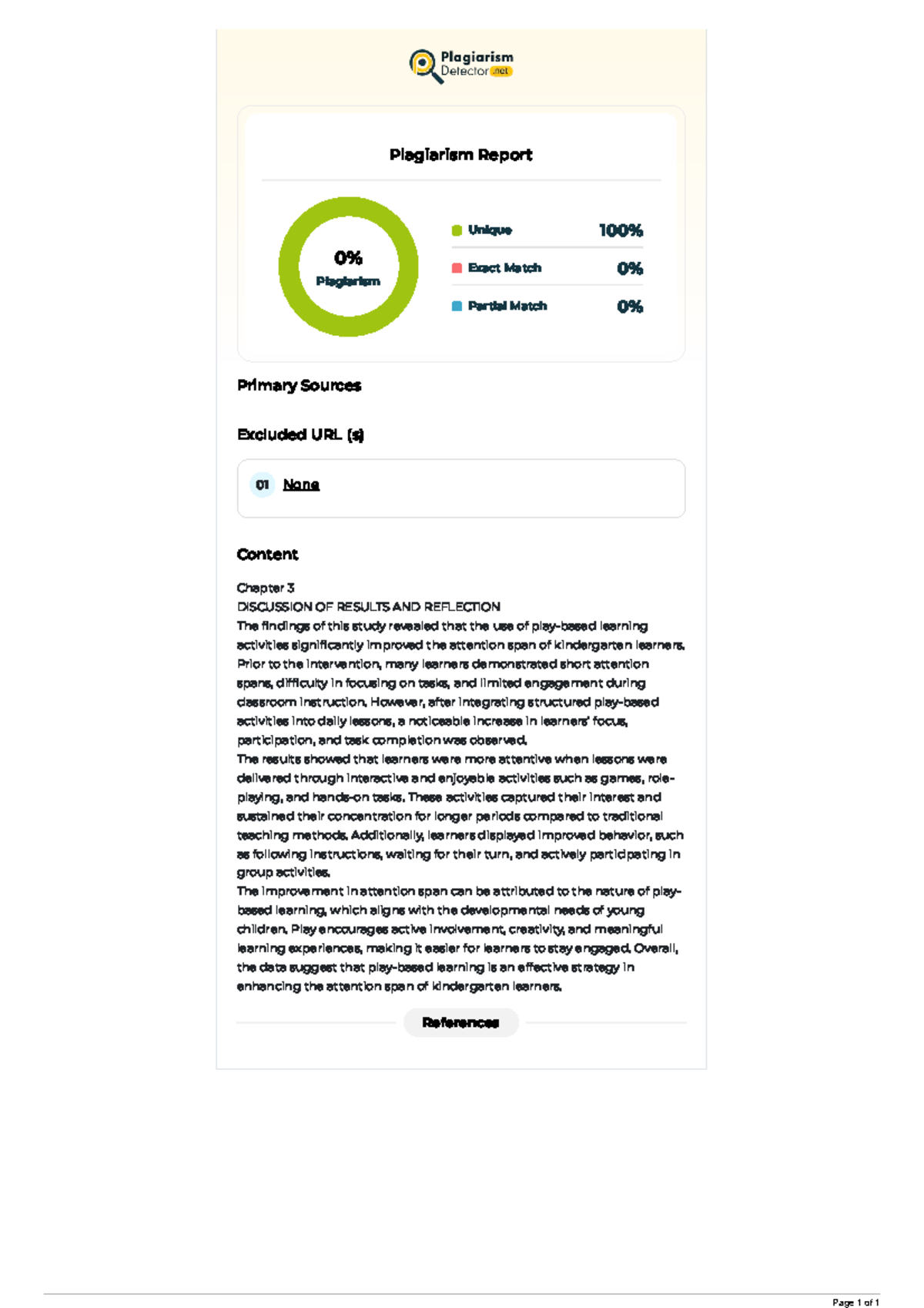 Plagiarism Report: Chapter 3 Discussion of Results and Reflection - Studocu