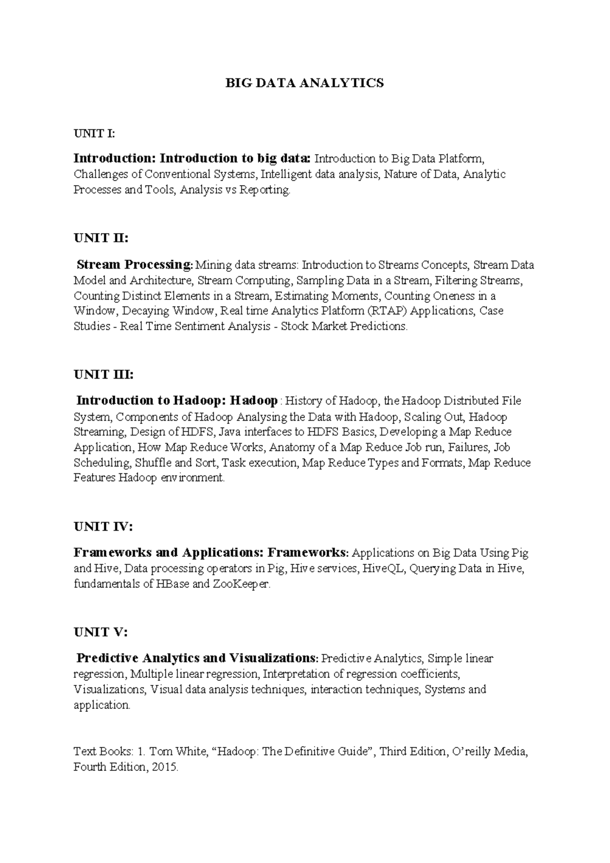 CSE & AIDS Big Data Analytics Syllabus R(R0) - Complete Overview - Studocu