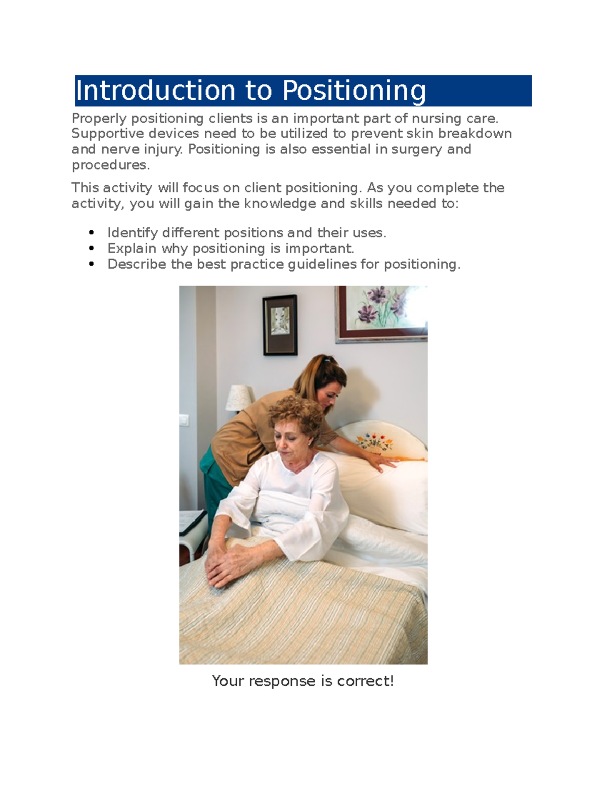 NUR 102: Introduction to Client Positioning in Nursing Care - Studocu