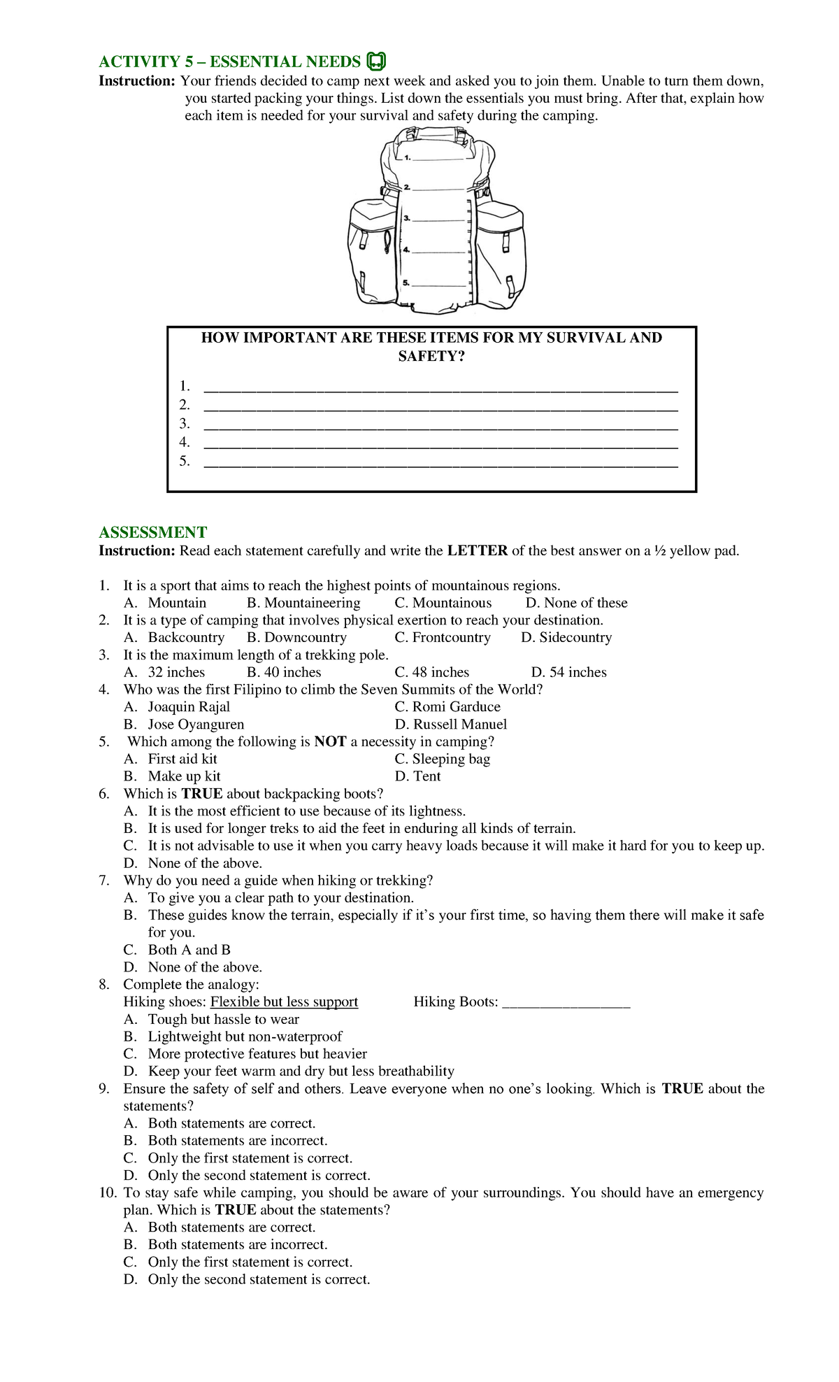 PE 14 Lesson 5 Activity - nothing - ACTIVITY 5 – ESSENTIAL NEEDS 🎒 ...