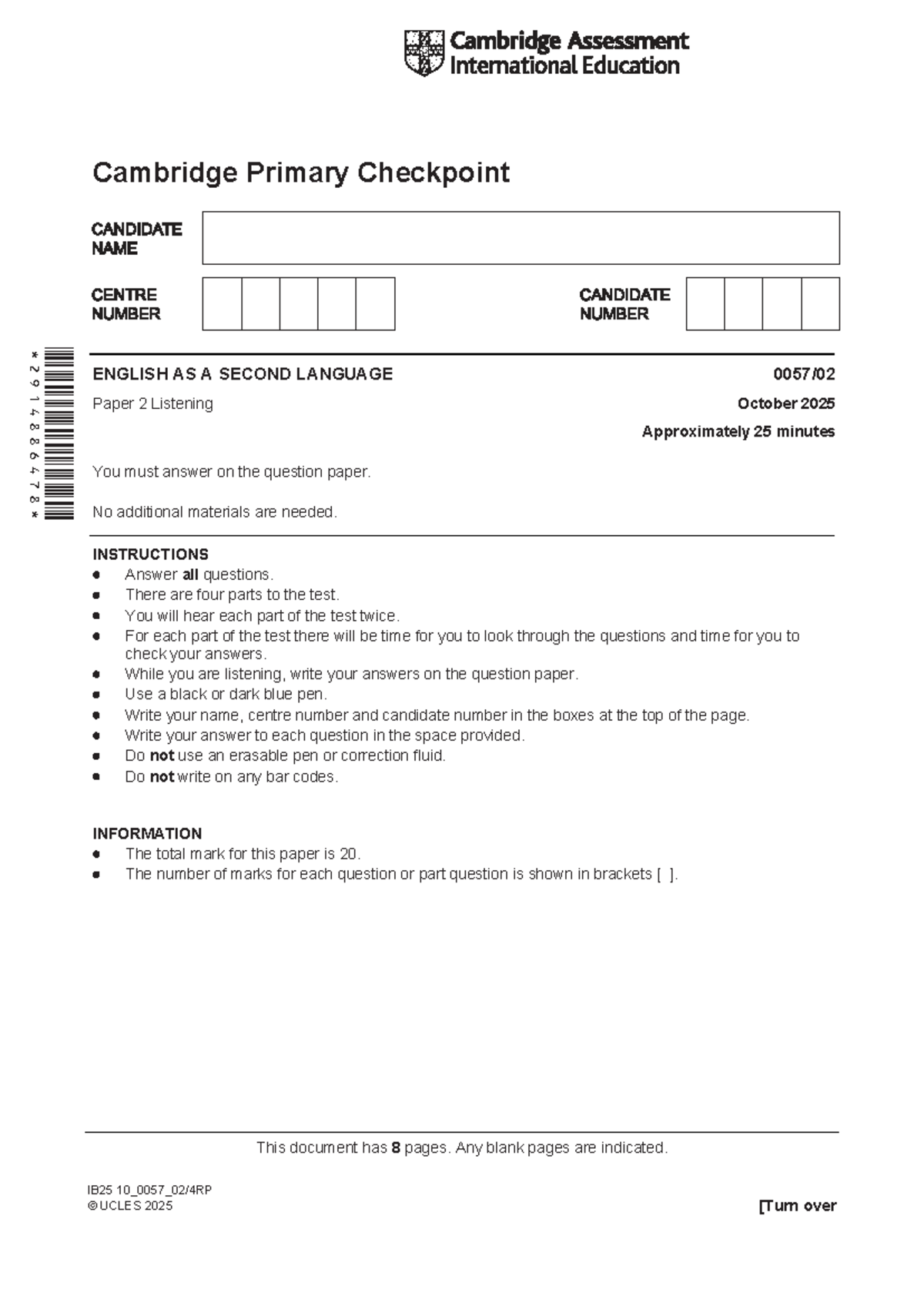 Cambridge Primary Checkpoint ESL Paper 2 Listening Guide - Oct 2025 ...