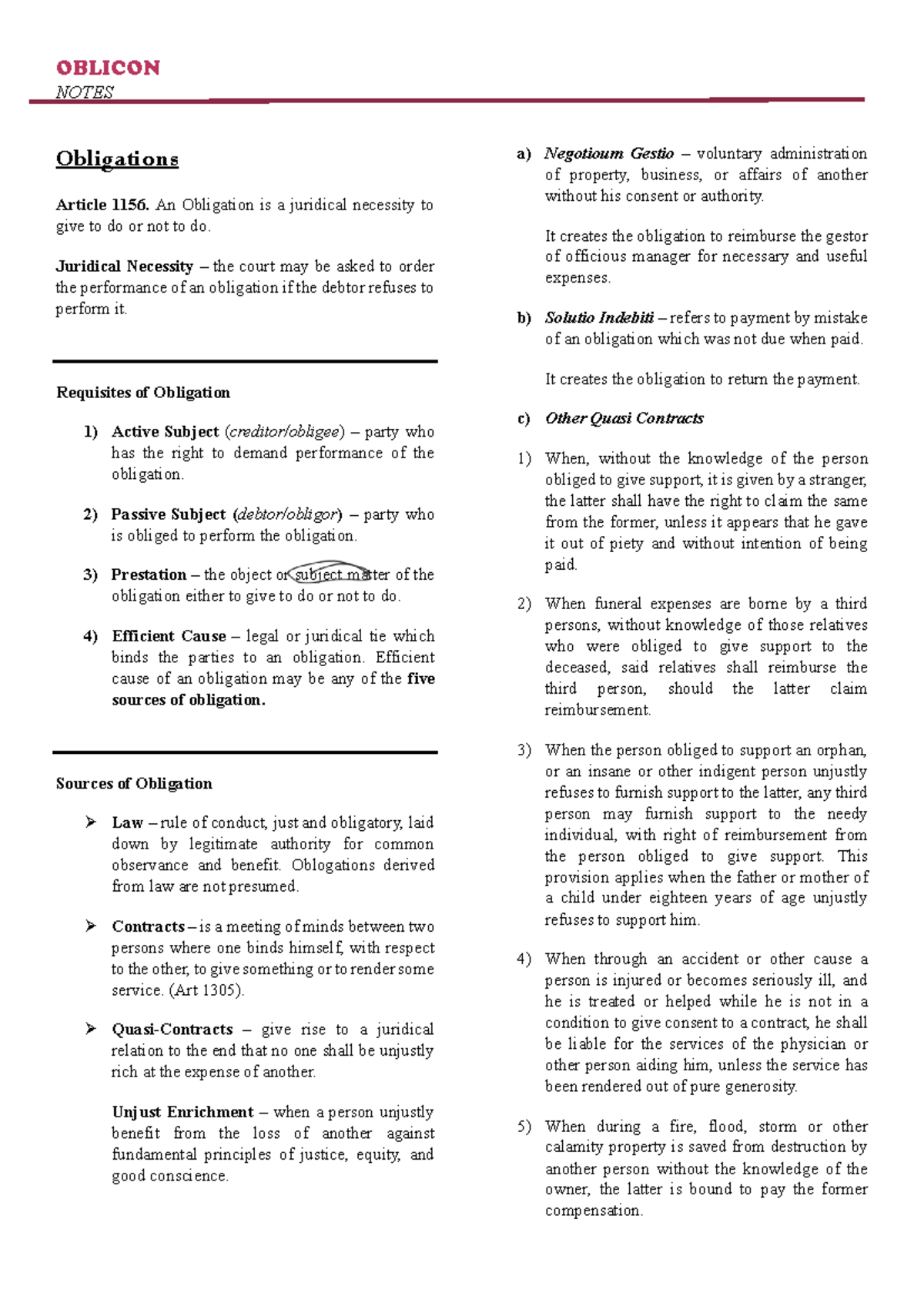 Oblicon 101: Summary of Key Contractual Obligations and Sources - Studocu