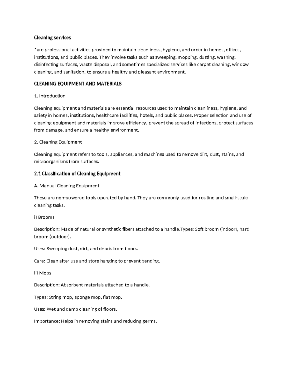 Housekeeping MAIN Notes: Cleaning Equipment & Techniques Overview - Studocu