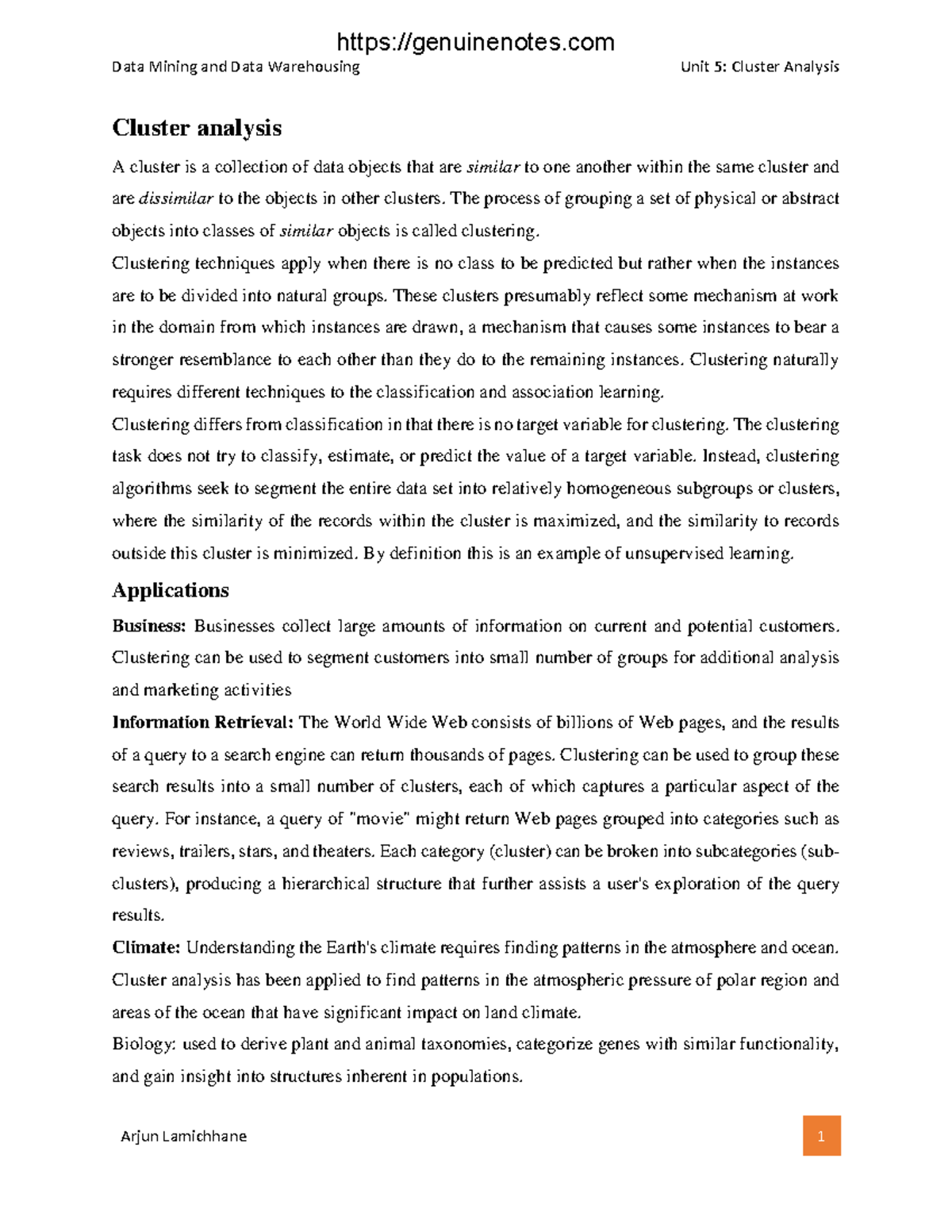 Data Mining Data Warehousing Unit 5 Cluster Analysis Overview