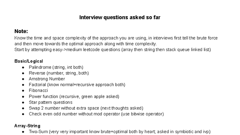 Interview Questions & Key Concepts for Coding Interviews - Studocu