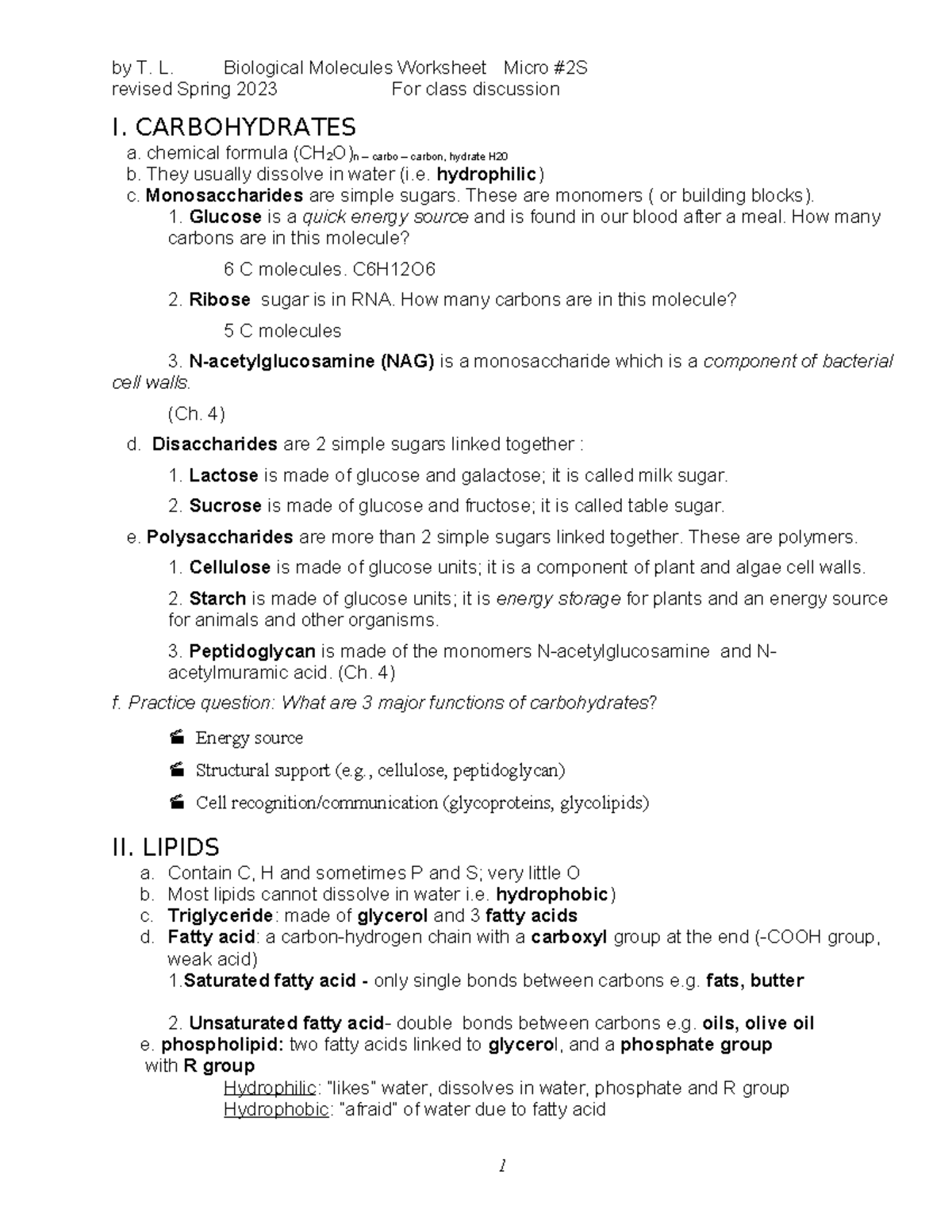 Biological Molecules Worksheet (02S) - Spring 2023 Hybrid - Studocu