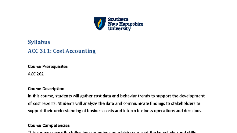 ACC 311 Syllabus - Syllabus ACC 311: Cost Accounting Course ...
