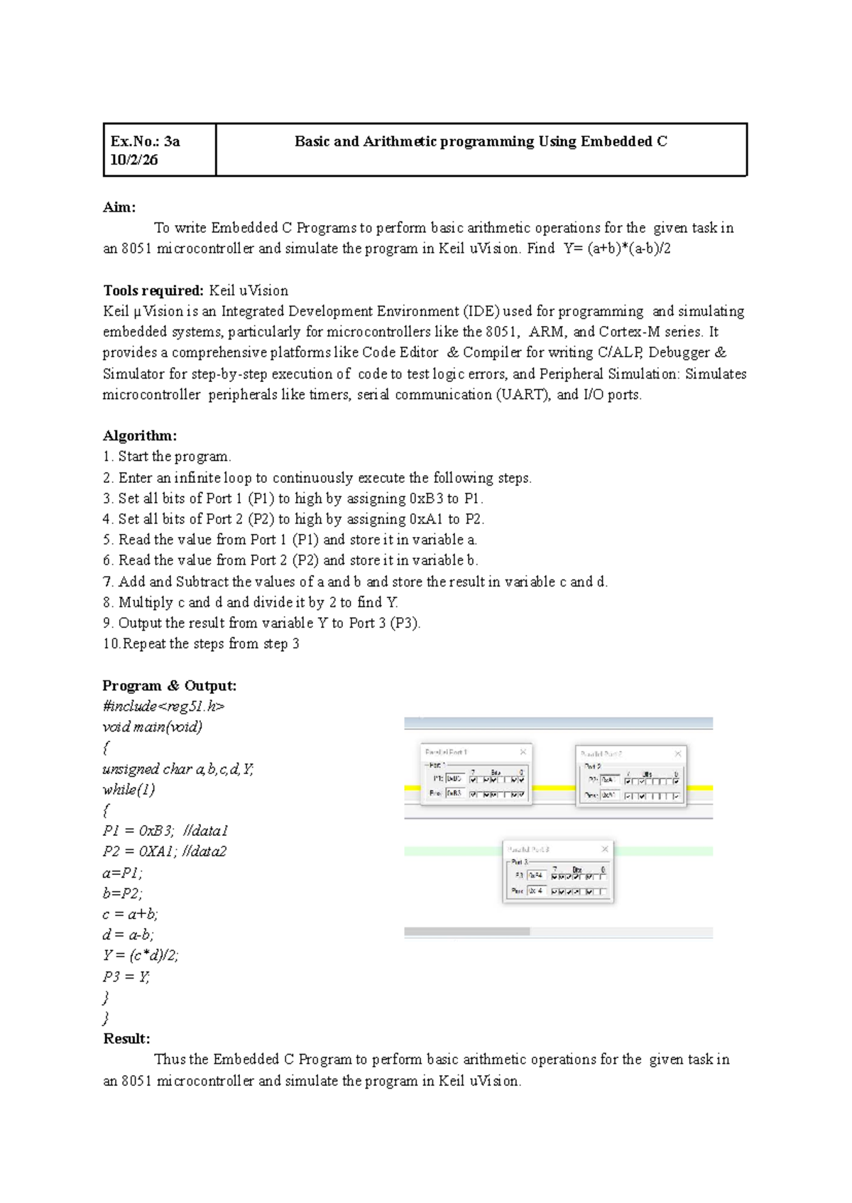 Ex.No. 3a: Basic Arithmetic Programming in Embedded C for 8051 - Studocu
