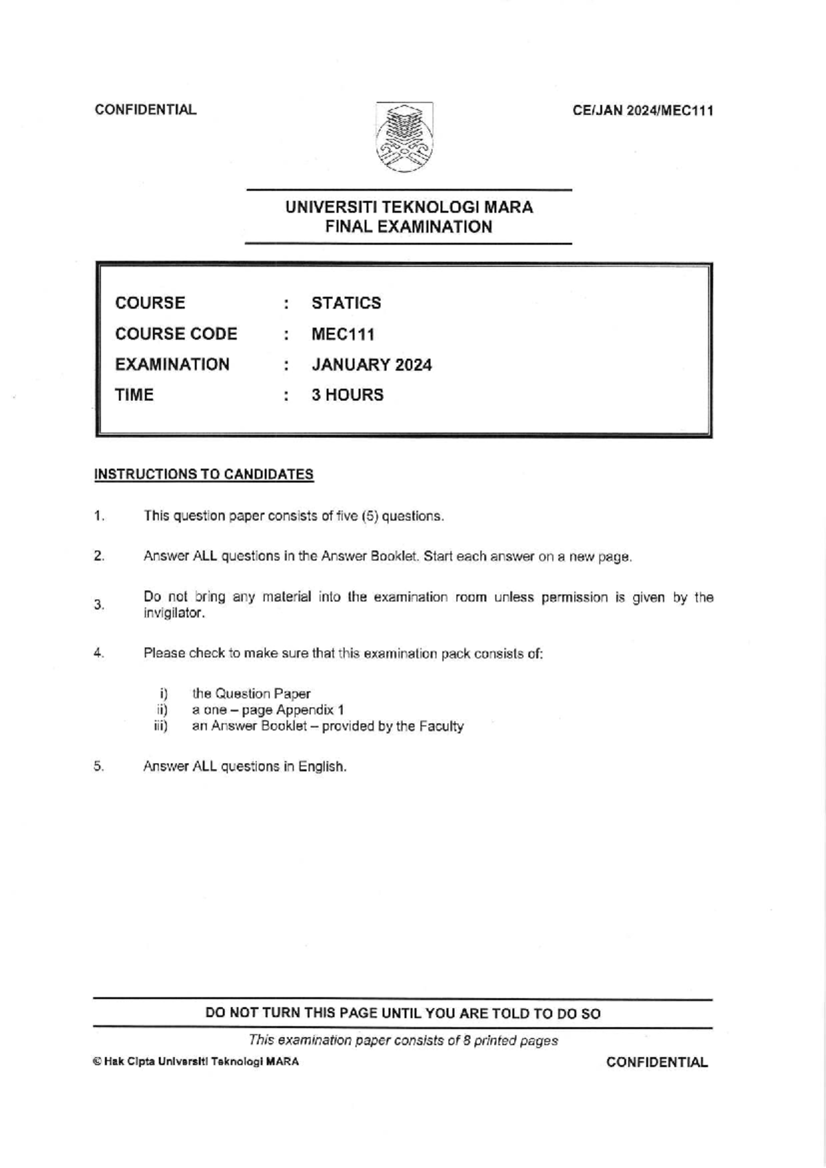 MEC111 Final Exam: Statics January 2024 Question Paper - Studocu