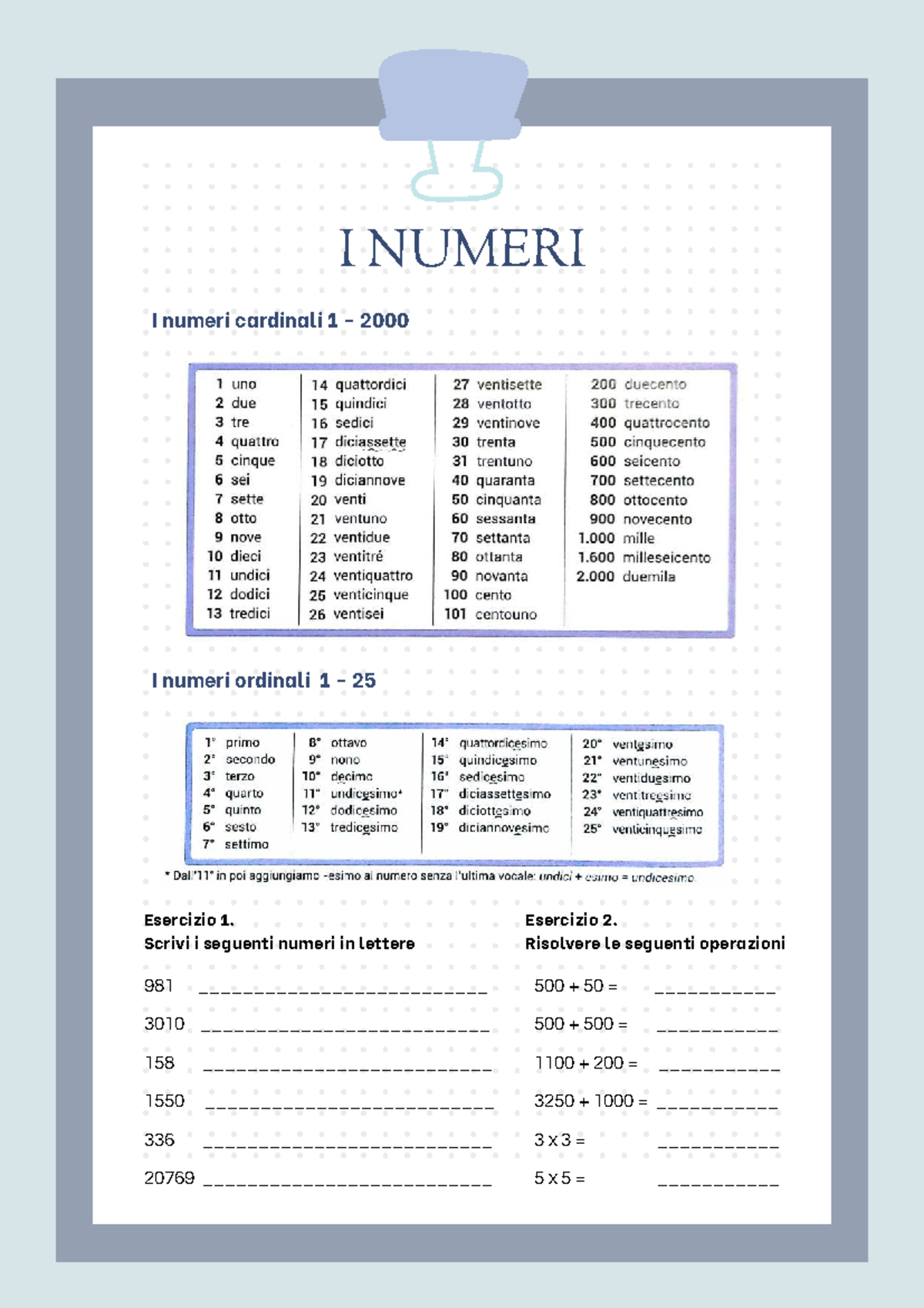 I numeri - Los números en italiano, ejercicis - I NUMERI I numeri ...