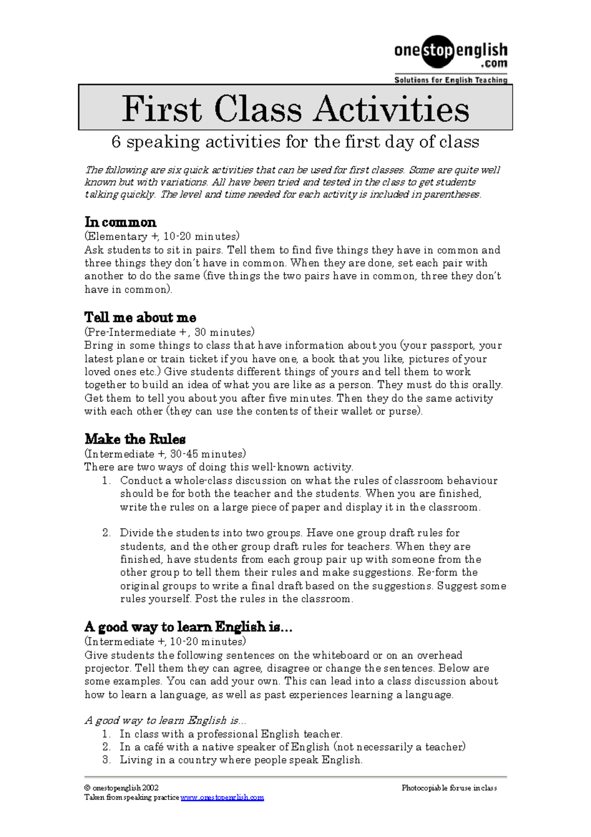 Welcome Lesson Activities for All Levels: Engaging Speaking Exercises ...