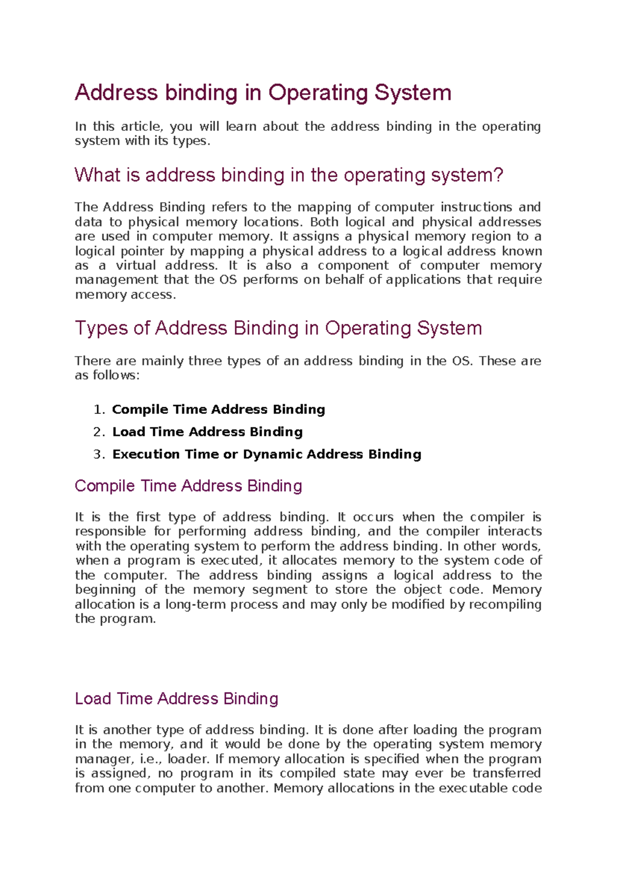 Address Binding in OS: Types and Mechanisms Explained - Studocu